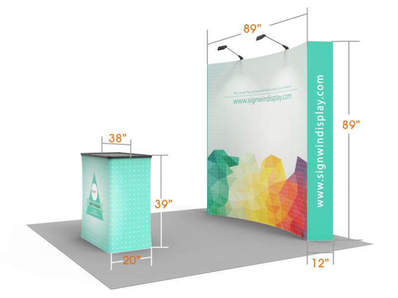 8ft Curved & Velcro Pop Up Backwall Display w Case to Podium - Signwin